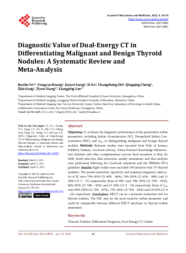 Pdf Diagnostic Value Of Dual Energy Ct In Differentiating Malignant And Benign Thyroid Nodules