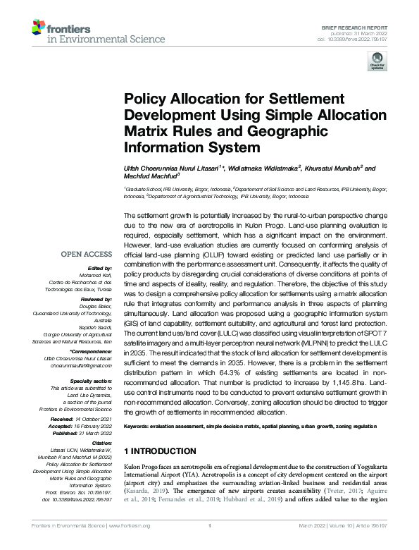 (PDF) Policy Allocation for Settlement Development Using Simple Allocation Matrix Rules and ...