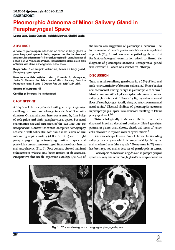 (PDF) Pleomorphic Adenoma of Minor Salivary Gland in Parapharyngeal ...