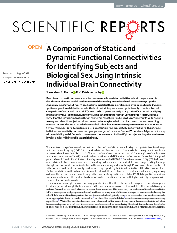 Pdf A Comparison Of Static And Dynamic Functional Connectivities For