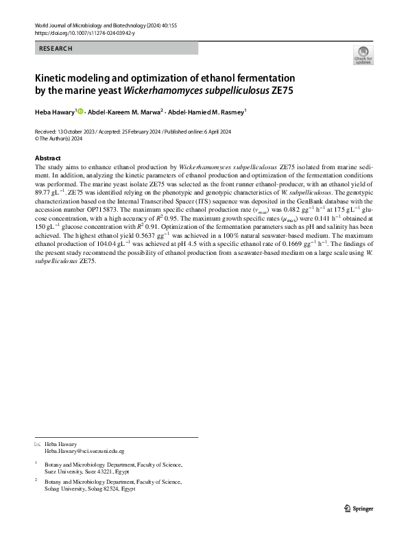 (PDF) Kinetic modeling and optimization of ethanol fermentation by the marine yeast ...