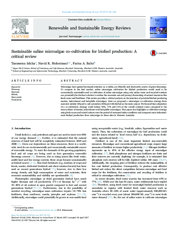 (PDF) Sustainable saline microalgae co-cultivation for biofuel production: A critical review