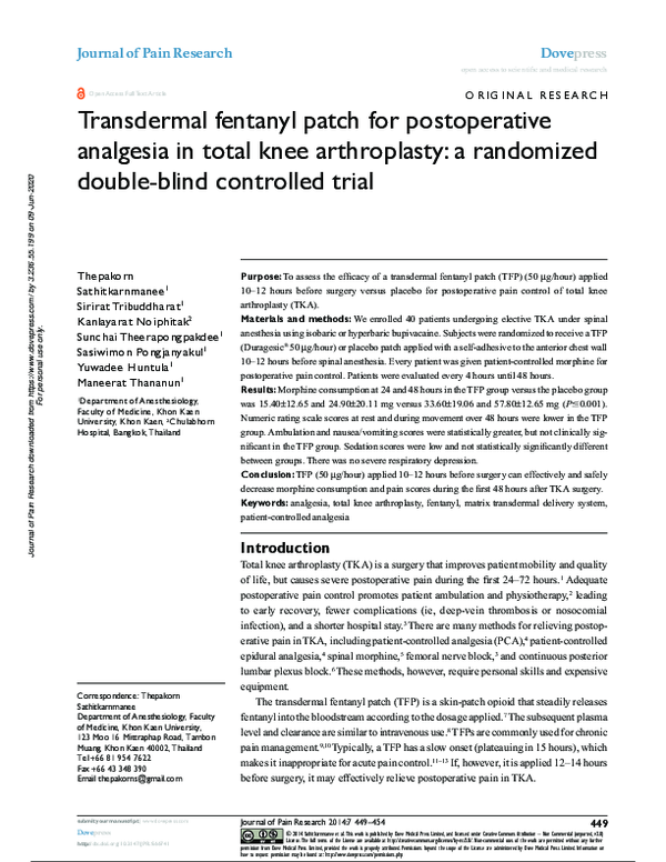 (PDF) Transdermal fentanyl patch for postoperative analgesia in total ...
