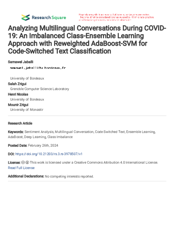 (PDF) Analyzing Multilingual Conversations During COVID-19: An Imbalanced Class-Ensemble ...