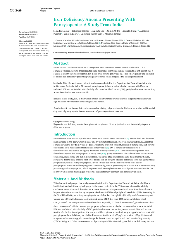 (PDF) Iron Deficiency Anemia Presenting With Pancytopenia: A Study From ...