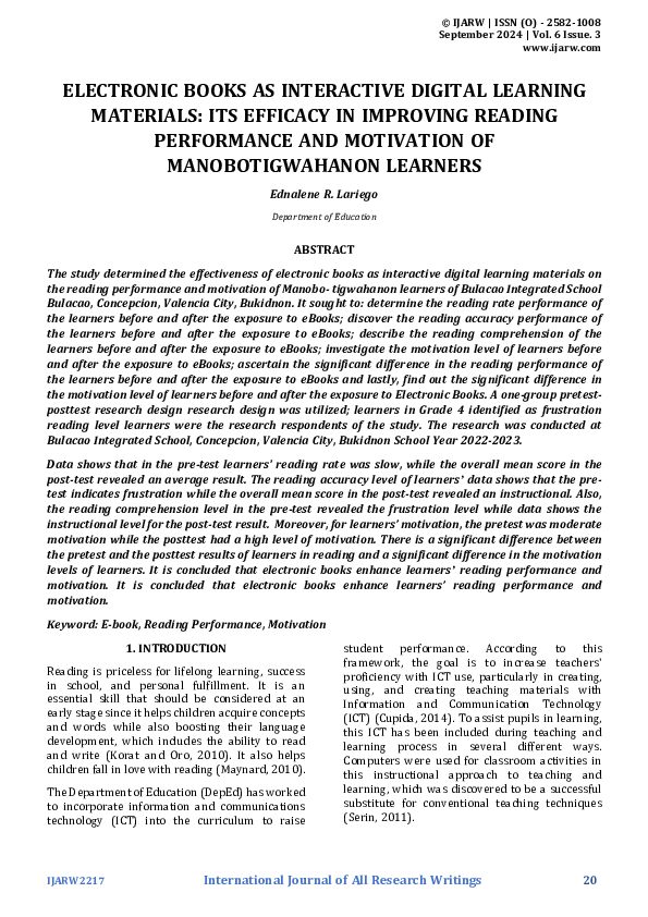 (PDF) ELECTRONIC BOOKS AS INTERACTIVE DIGITAL LEARNING MATERIALS: ITS EFFICACY IN IMPROVING ...