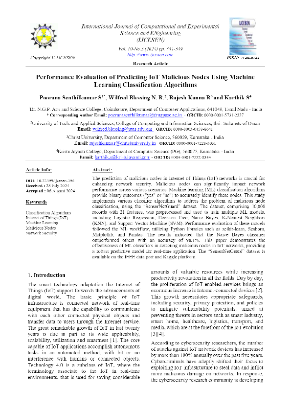 Pdf Performance Evaluation Of Predicting Iot Malicious Nodes Using Machine Learning
