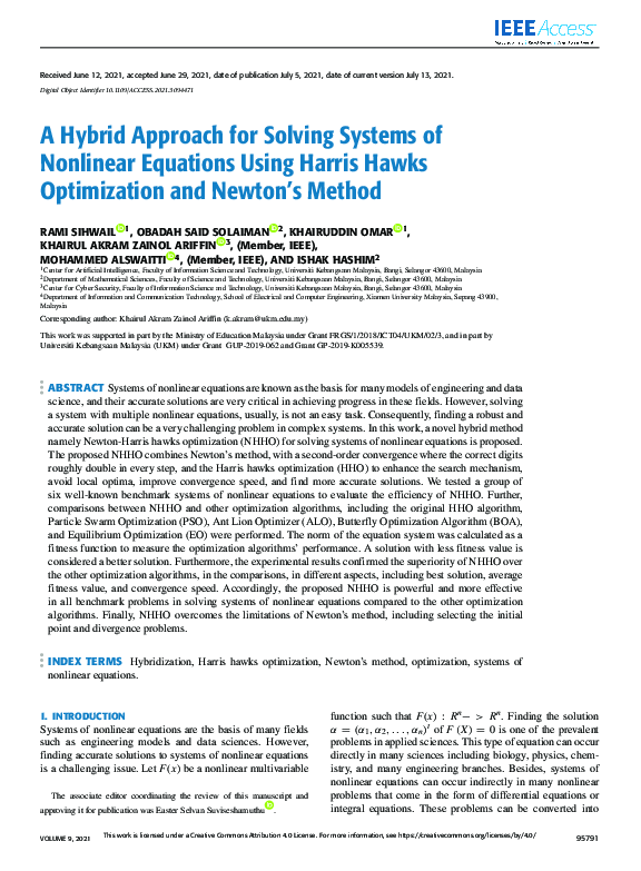 (PDF) A Hybrid Approach for Solving Systems of Nonlinear Equations Using Harris Hawks ...