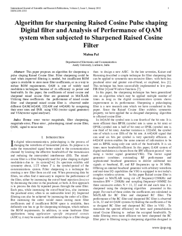 (PDF) Algorithm for sharpening Raised Cosine Pulse shaping Digital filter and Analysis of ...