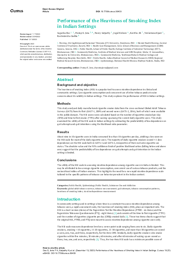 (PDF) Performance of the Heaviness of Smoking Index in Indian Settings