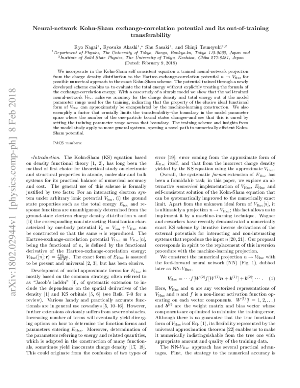(PDF) Neural-network Kohn-Sham exchange-correlation potential and its out-of-training ...