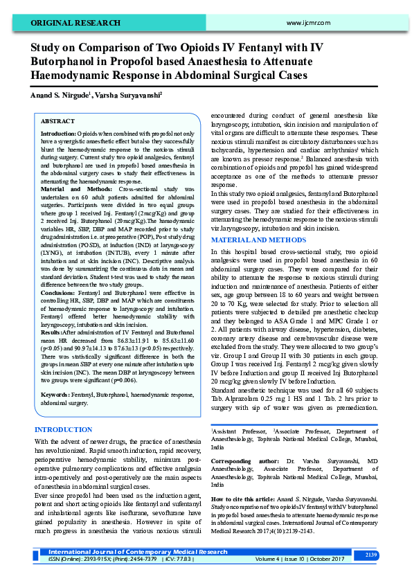 (PDF) Study on Comparison of Two Opioids IV Fentanyl with IV ...