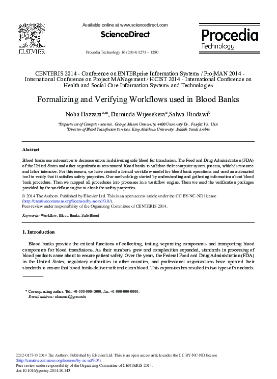 (PDF) Formalizing and Verifying Workflows Used in Blood Banks