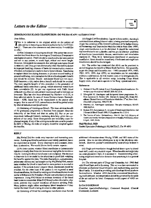 (PDF) Homologous blood transfusion: Do we have any alternative ...