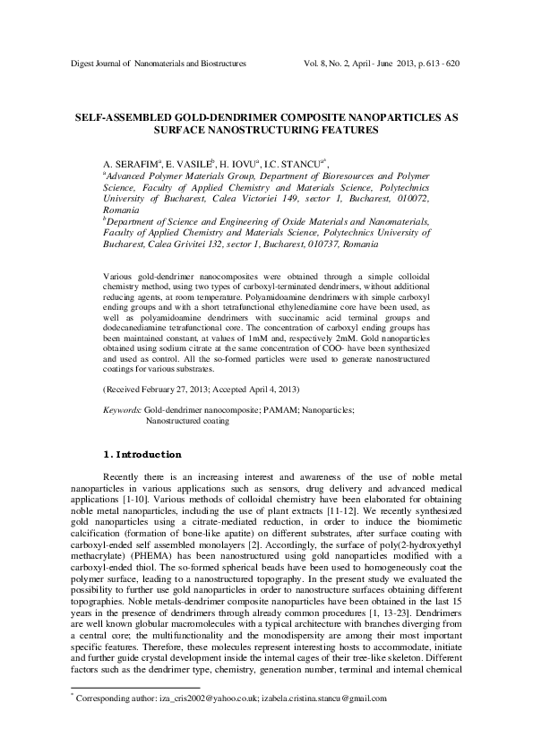 (PDF) Self-assembled gold-dendrimer composite nanoparticles as surface ...