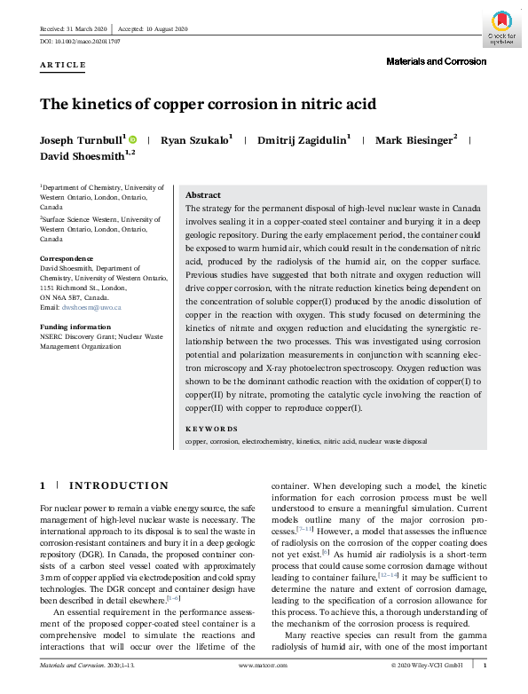 (PDF) The kinetics of copper corrosion in nitric acid | David Shoesmith ...