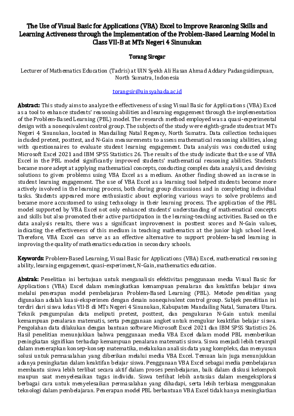 (PDF) The Use of Visual Basic for Applications (VBA) Excel to Improve ...