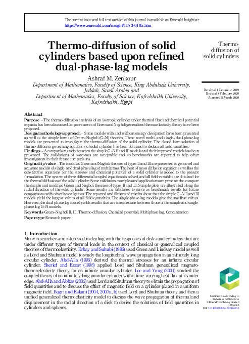 (PDF) Thermo-diffusion of solid cylinders based upon refined dual-phase ...