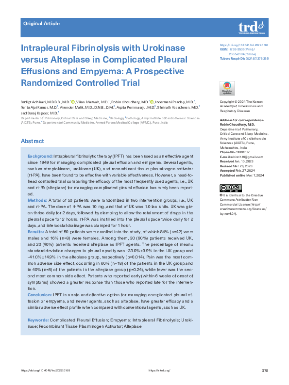 (PDF) Intrapleural Fibrinolysis with Urokinase Versus Alteplase in ...