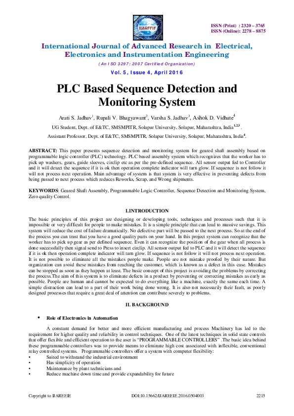 (PDF) PLC Based Sequence Detection and Monitoring System