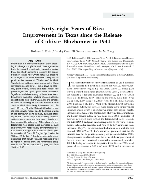 (PDF) Forty-eight Years of Rice Improvement in Texas since the Release ...