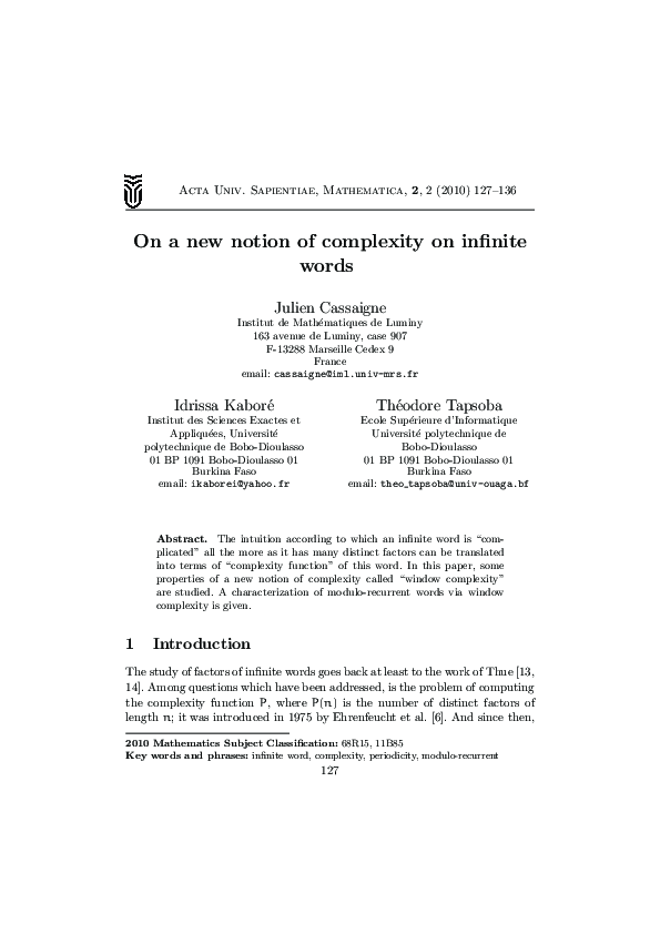 (PDF) On a new notion of complexity on infinite words