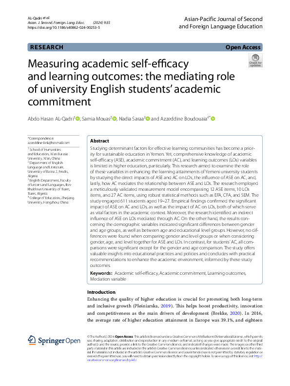 (PDF) Measuring academic self-efficacy and learning outcomes: the mediating role of university ...
