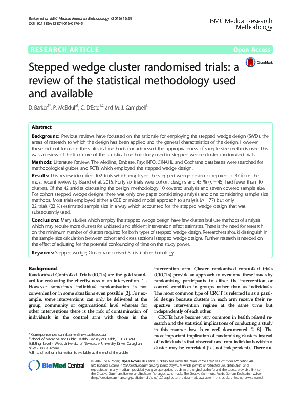 (PDF) Stepped wedge cluster randomised trials: a review of the statistical methodology used and ...