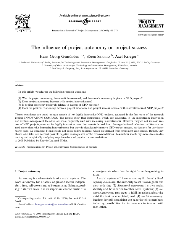 (PDF) The influence of project autonomy on project success