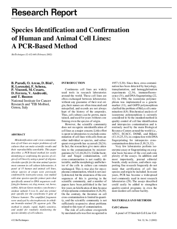 (PDF) Species Identification and Confirmation of Human and Animal Cell ...