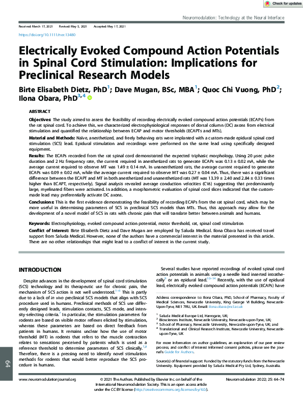 (PDF) Electrically Evoked Compound Action Potentials in Spinal Cord Stimulation: Implications ...