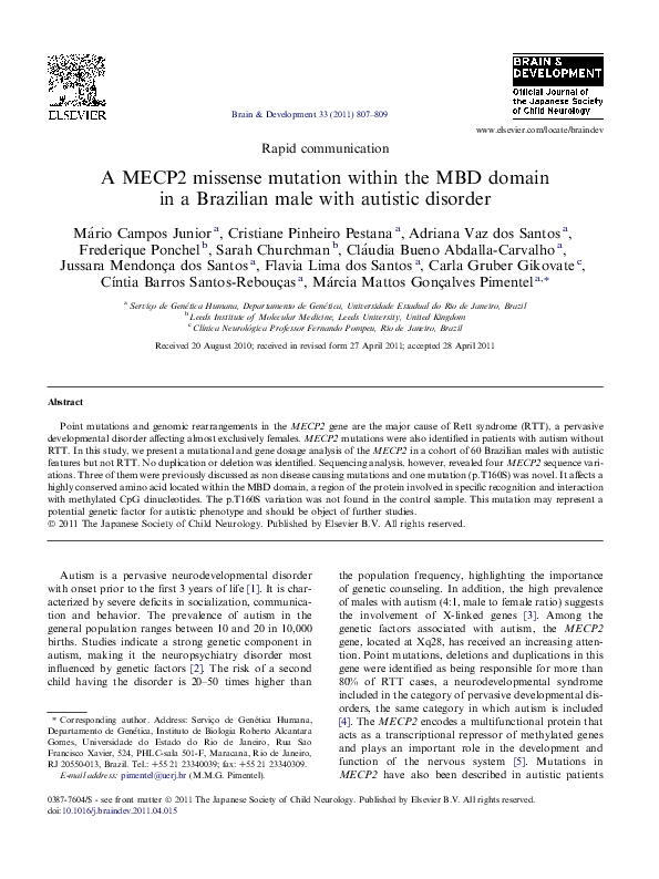 (PDF) A MECP2 missense mutation within the MBD domain in a Brazilian ...