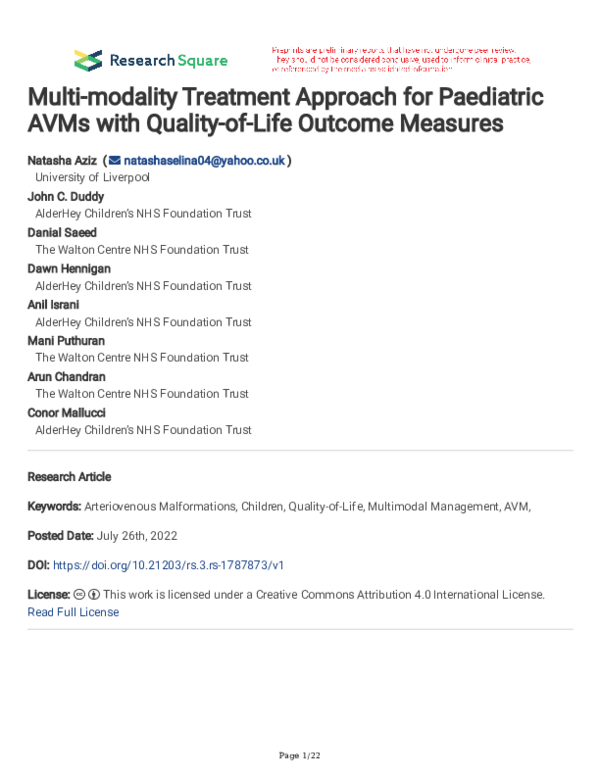 (PDF) Multi-modality Treatment Approach for Paediatric AVMs with ...