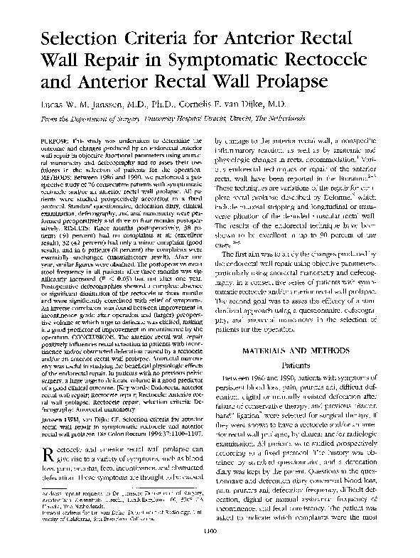 (PDF) Selection criteria for anterior rectal wall repair in symptomatic ...