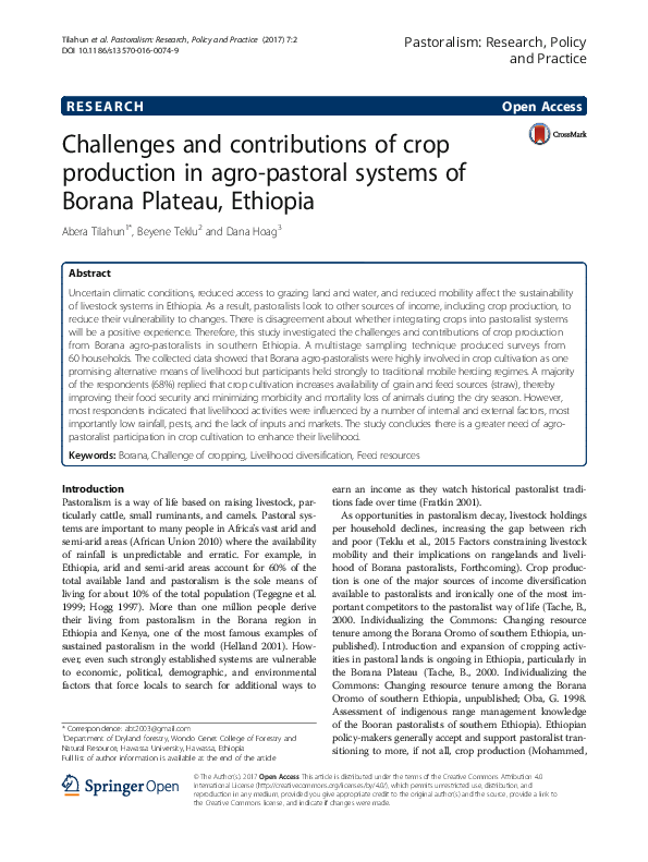 (PDF) Challenges and contributions of crop production in agro-pastoral ...