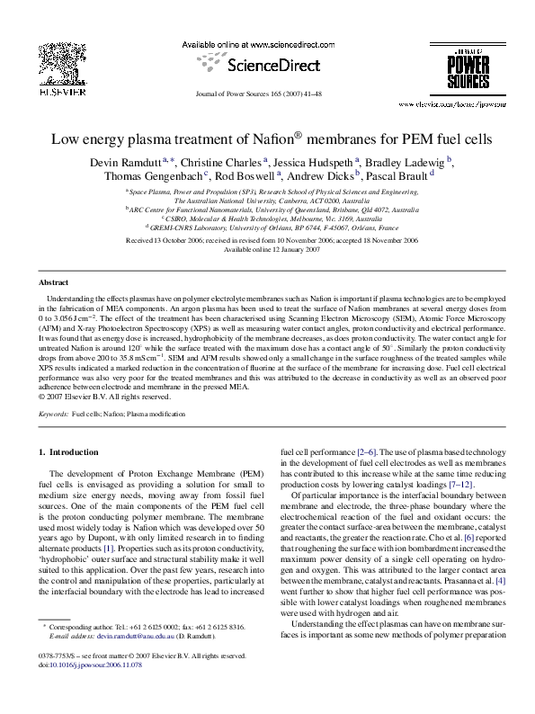 (PDF) Low energy plasma treatment of Nafion® membranes for PEM fuel cells