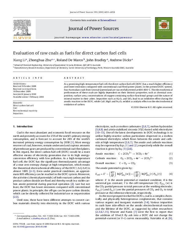 (PDF) Evaluation of raw coals as fuels for direct carbon fuel cells