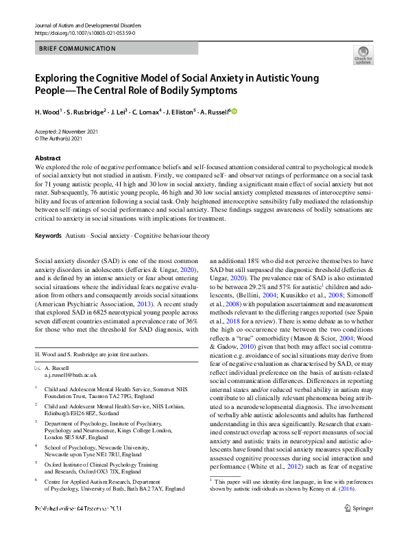 (PDF) Exploring the Cognitive Model of Social Anxiety in Autistic Young ...