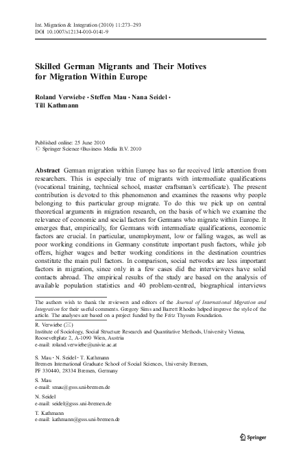 (PDF) Skilled German Migrants and Their Motives for Migration Within Europe