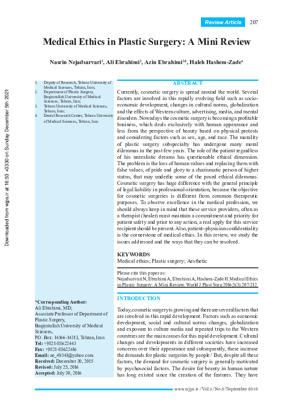 (PDF) Medical Ethics in Plastic Surgery: A Mini Review