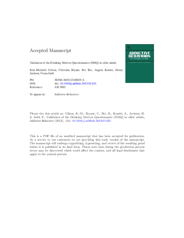 (PDF) Validation of the Drinking Motives Questionnaire (DMQ) in older ...