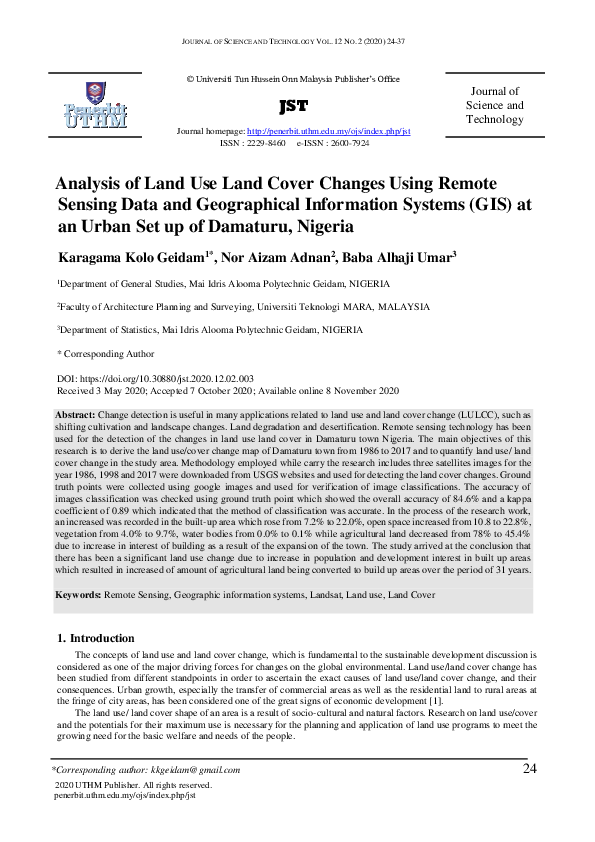 (PDF) Analysis of Land Use Land Cover Changes Using Remote Sensing Data and Geographical ...
