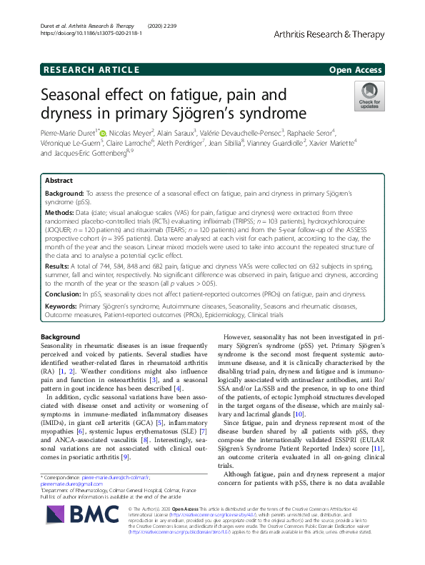 (PDF) Seasonal effect on fatigue, pain and dryness in primary Sjögren’s ...