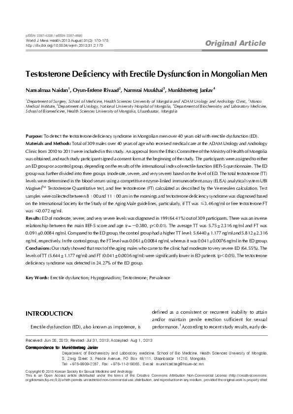 (PDF) Testosterone Deficiency with Erectile Dysfunction in Mongolian Men