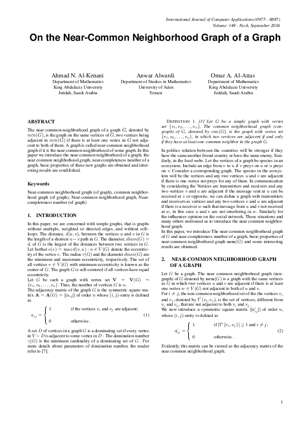 (PDF) On the Near-Common Neighborhood Graph of a Graph