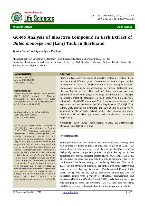 (PDF) GC-MS Analysis of Bioactive Compound in Bark Extract of Butea monosperma (Lam) Taub. in ...