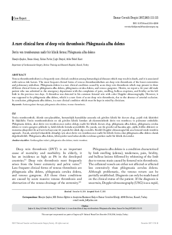 (PDF) A rare clinical form of deep vein thrombosis: Phlegmasia alba dolens