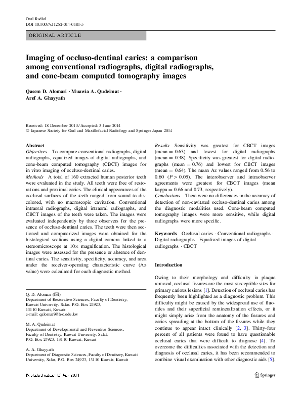 Pdf Imaging Of Occlusal Dentine Caries A Comparison Among Conventional Radiographs Digital