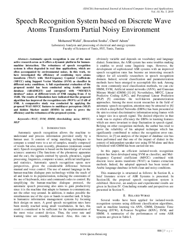 (PDF) Speech Recognition System based on Discrete Wave Atoms Transform Partial Noisy Environment