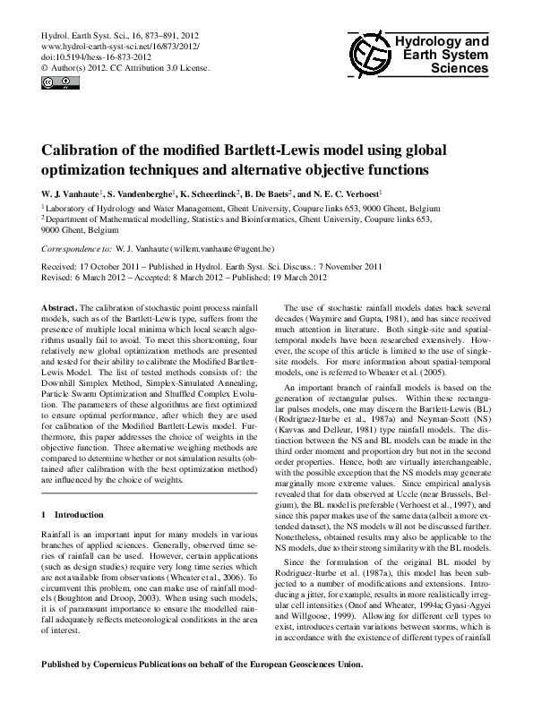 (PDF) Calibration of the modified Bartlett-Lewis model using global optimization techniques and ...